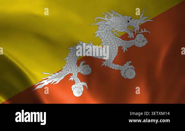 Bhutan flag animation with realistic fabric texture and dramatic ...