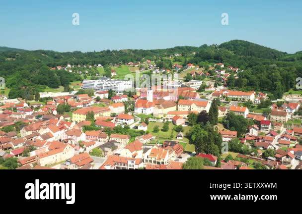 Aerial view of town of Varazdinske Toplice in green landscape, Zagorje ...