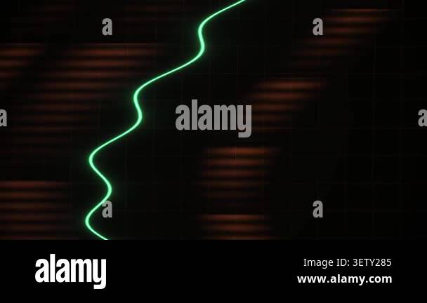 Glowing green neon light trail on dark background with red lines and ...