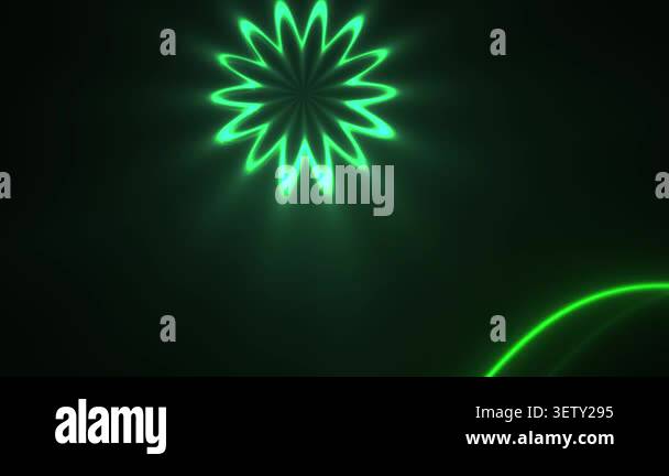 Glowing green neon flower design on dark background with curved line ...