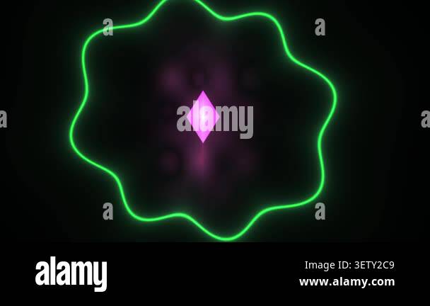 A neon green outline of a flower-like shape with a pink diamond in the ...
