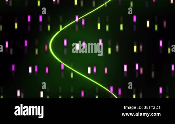 a neon green line curves on a black background with scattered colorful ...