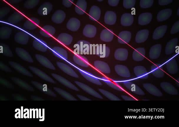 Glowing neon lines in red and blue intersect on a dark background with ...