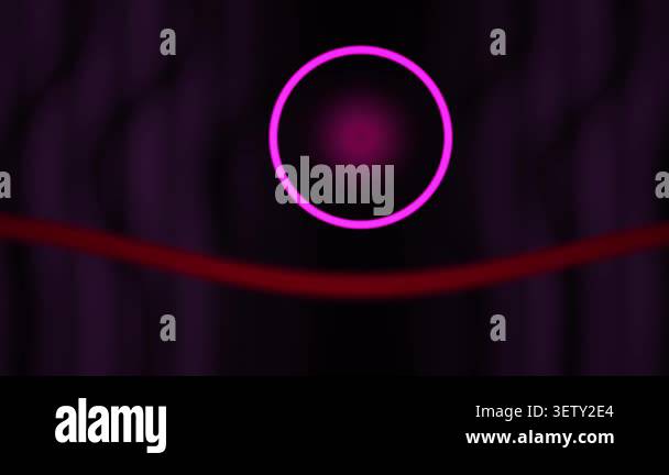 A neon pink circle on a dark background with a thin red curved line ...