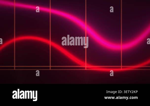 Two neon light waves on a dark background with grid lines, creating a ...