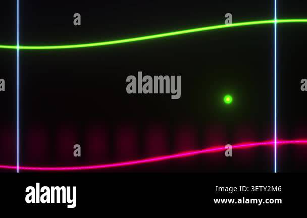 A dark background with neon green and pink lines, grid lines, and a ...