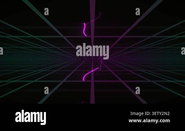 Neon green and purple lines intersect on a black background with a grid ...