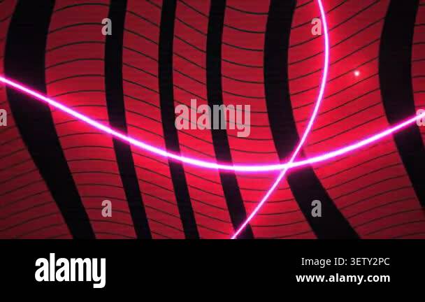 neon pink lines crisscross on a red background with black curved ...