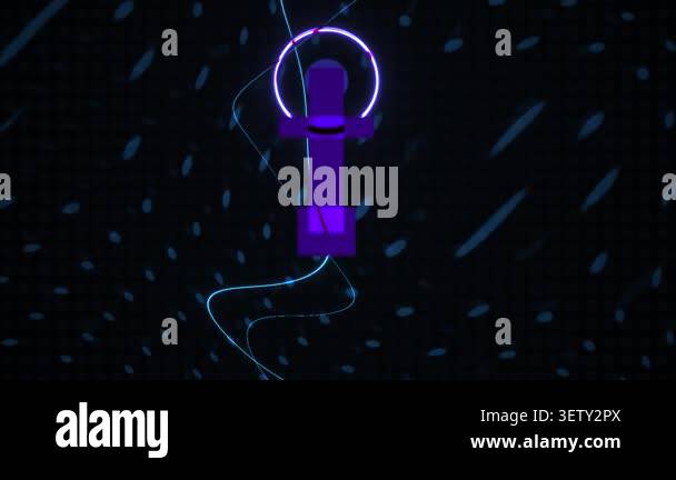 A neon purple microphone with a glowing blue ring and lines on a dark ...
