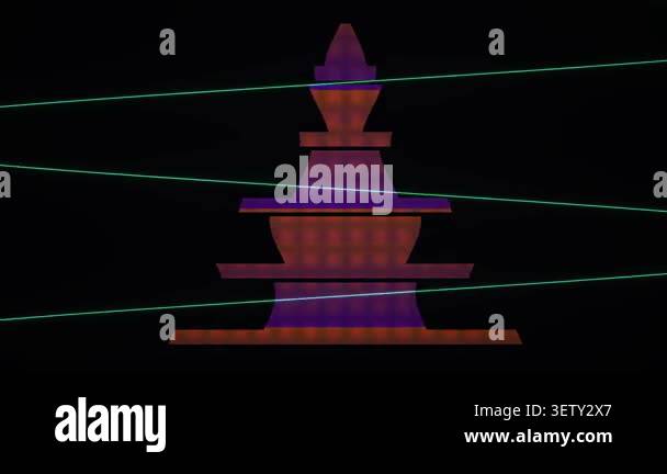 A stylized pagoda with vibrant purple and orange hues against a black ...