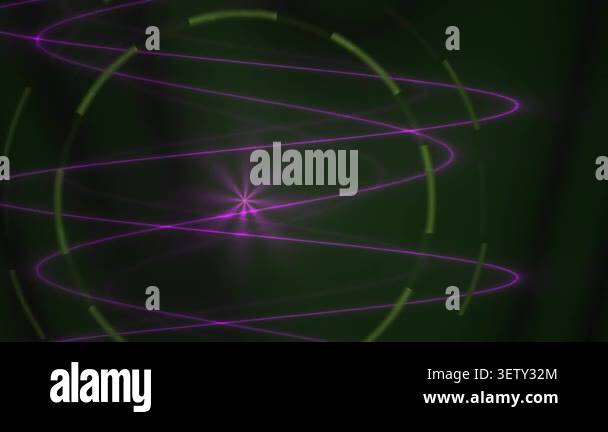 Glowing purple light trails form spiral lines and circles in a dark ...