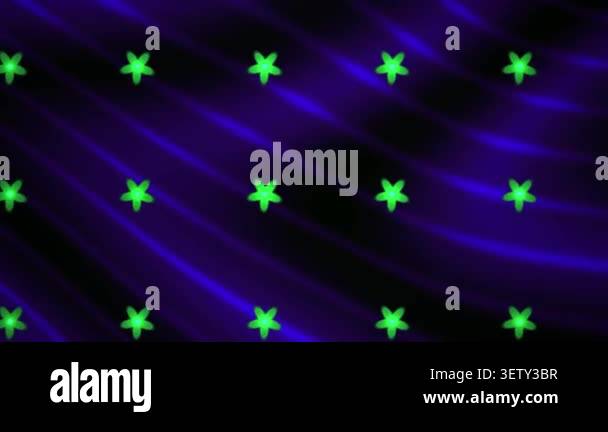 Glowing green stars on dark blue background with neon light strips ...