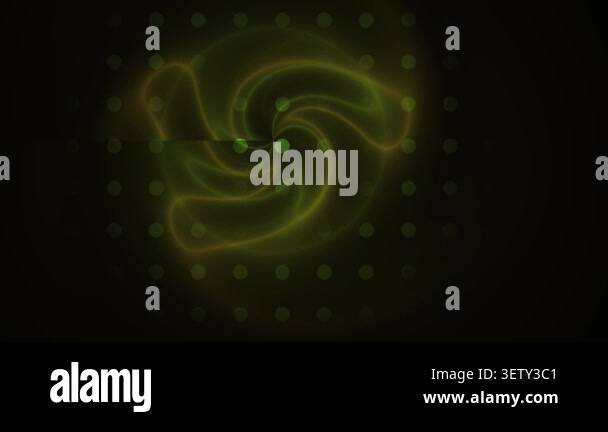 Glowing green swirling patterns on black background with dots creating ...