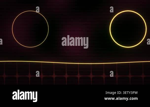 Glowing neon circles on a dark background with a grid pattern Stock ...