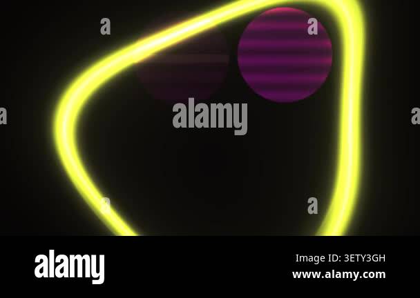 Glowing neon yellow circle with purple orbs on black background Stock ...