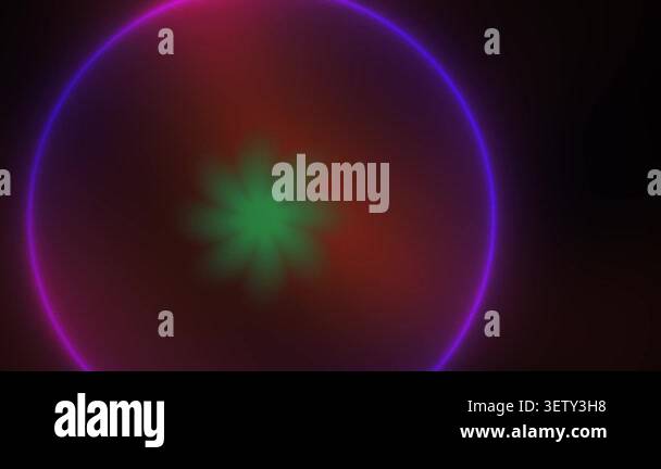 A vibrant neon circle glows with a purple outline and a bright green ...