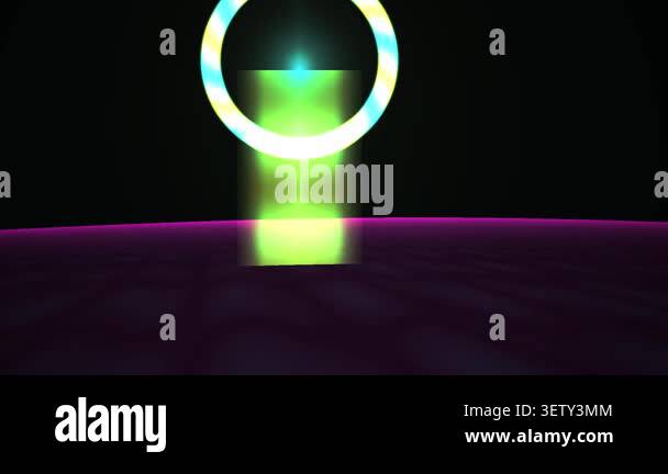 A vibrant neon circle emits a bright green light beam onto a dark ...