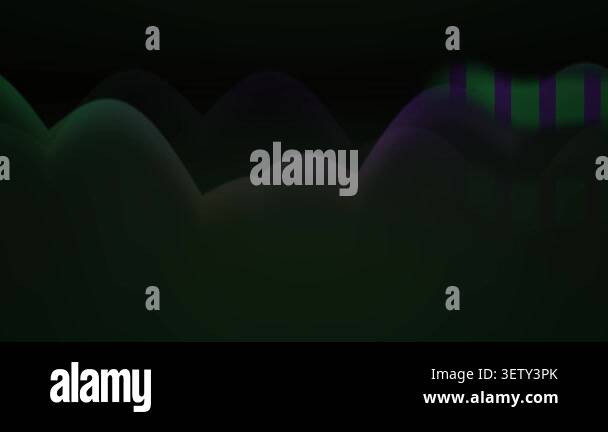 Glowing neon lights on dark rounded shapes in a row against a black ...