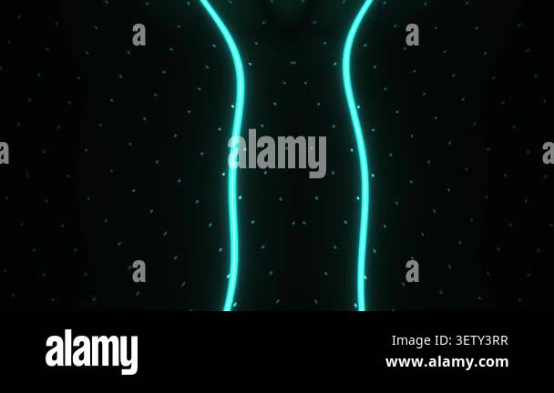 Glowing neon lines in a black background with particles, abstract ...