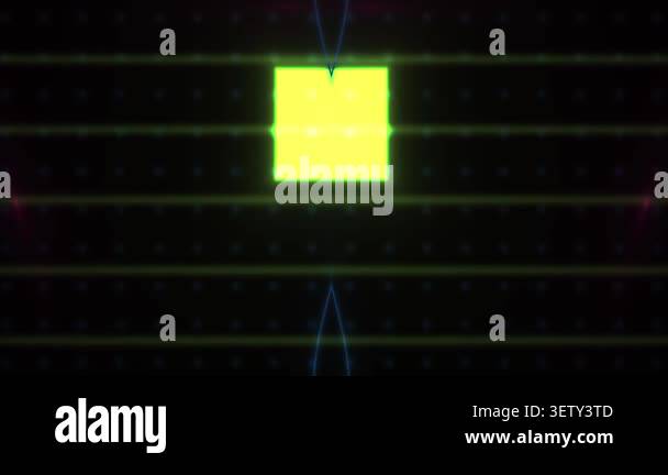 A bright neon yellow square with a blue oscillating line on a black ...