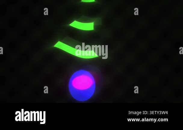 Glowing neon shapes on black background with green and pink colors ...