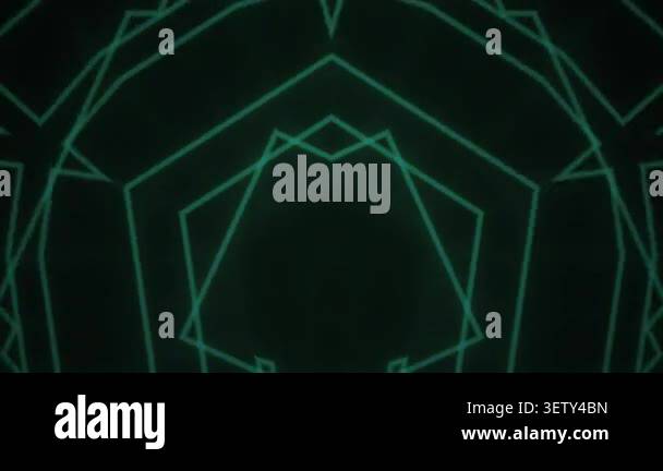 A series of green geometric patterns on a black background, forming ...