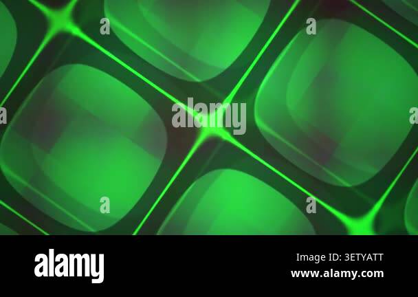 Close-up of glowing green squares with neon lines on a dark background ...