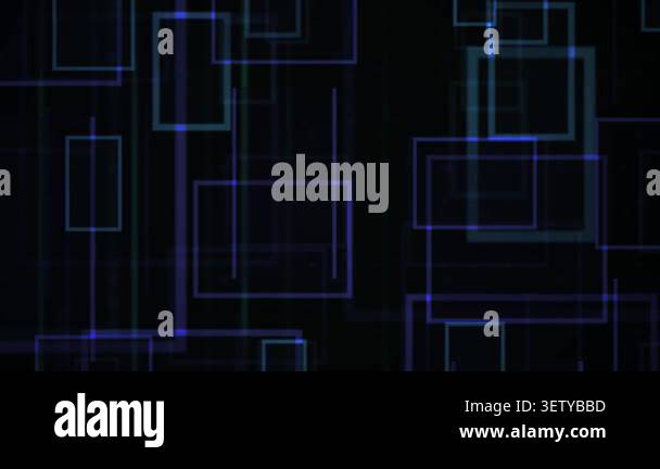 A digital graphic design featuring neon blue squares and lines on a ...