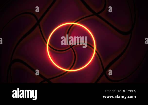 A neon circle glows brightly on a dark background with grid lines and a ...
