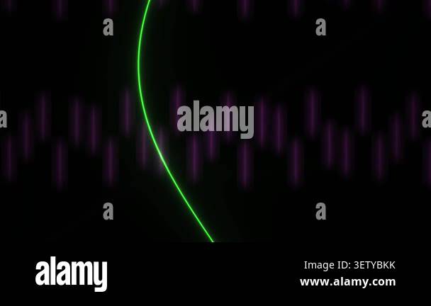 A neon green curved line on a black background with purple hues and a ...