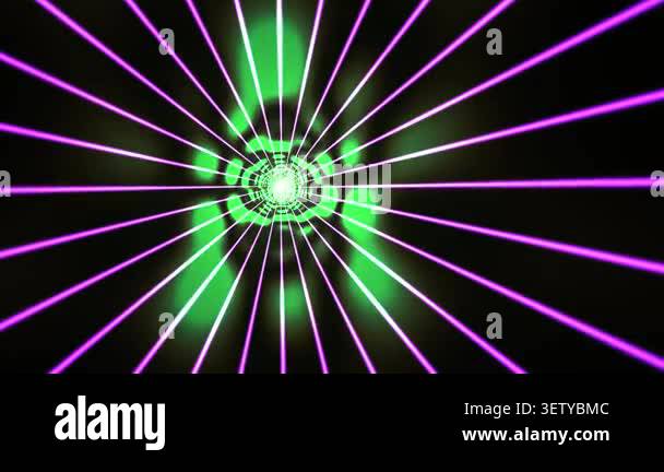 Vibrant neon green and purple lines radiate outward from a central ...