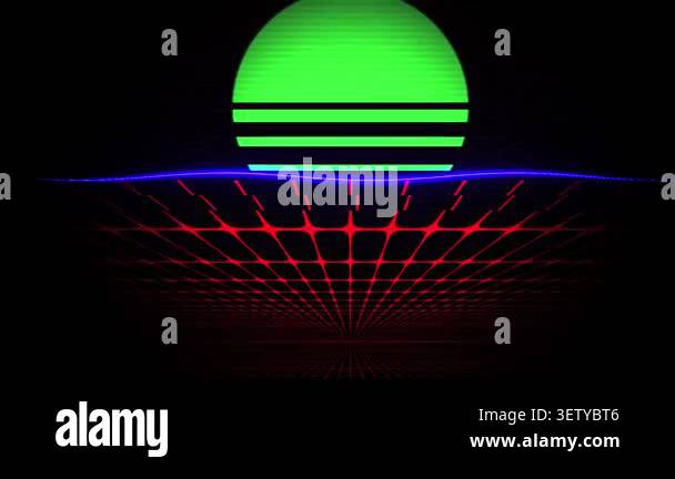 Neon laser grid pattern with green orb and red blue lines on black ...