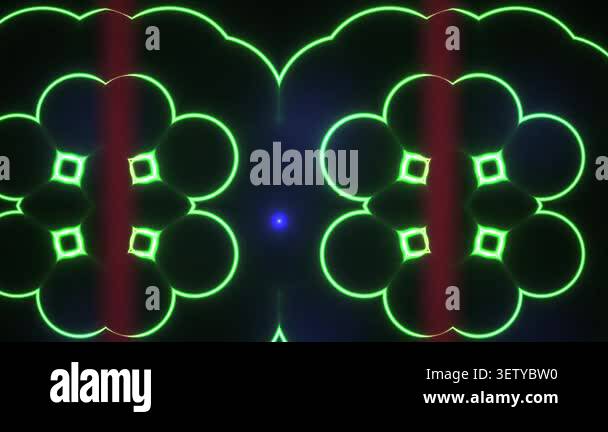 Glowing neon green flower shapes on a dark background with a blue light ...