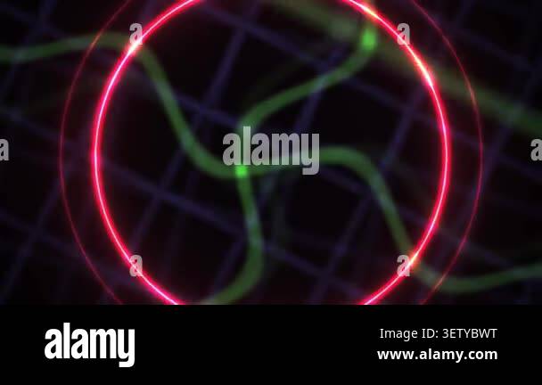 A neon light circle with green lines and a grid background, creating a ...