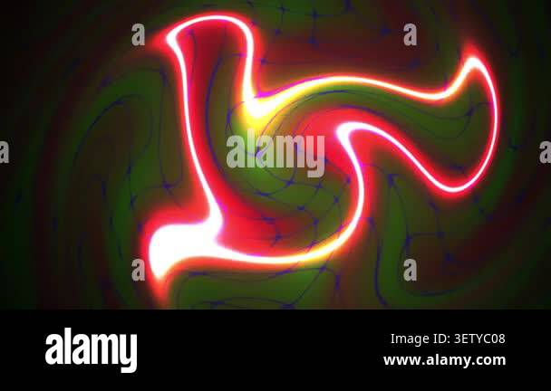 Glowing neon light art with red and yellow hues forming abstract curves ...