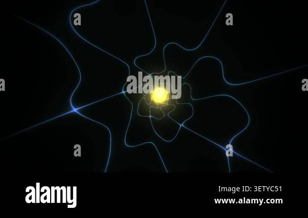 A neuron cell with a glowing yellow nucleus surrounded by blue and ...