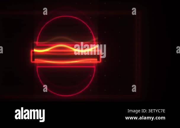 A neon sign shaped like a hamburger glowing bright red and orange ...