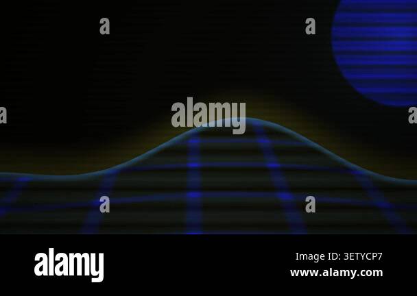 A blue wave and grid pattern on a black background with a circle in the ...