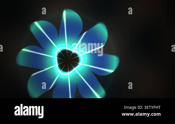 A glowing blue flower with white lines on a black background, abstract ...