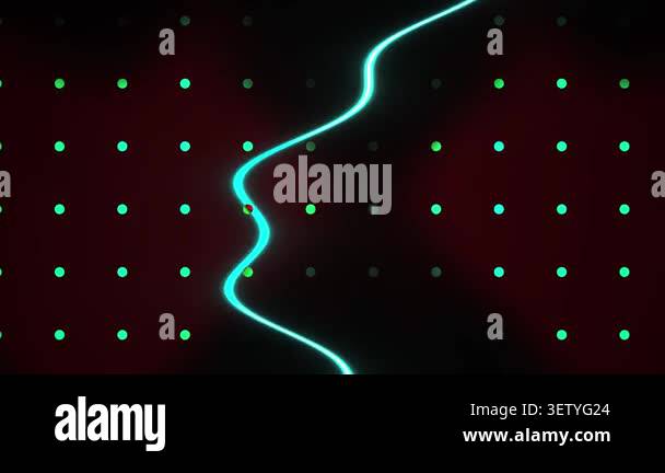 Glowing blue neon light trail on dark background with green dots ...