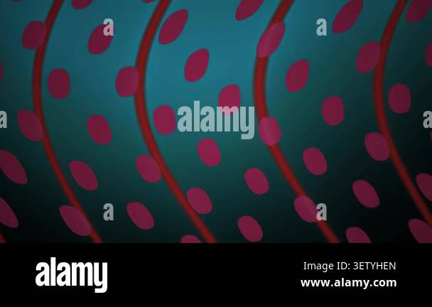 A dark teal background with a pattern of red polka dots and curved ...