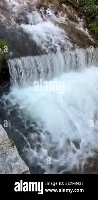 Small waterfall flows over rocks through a mountain stream surrounded ...