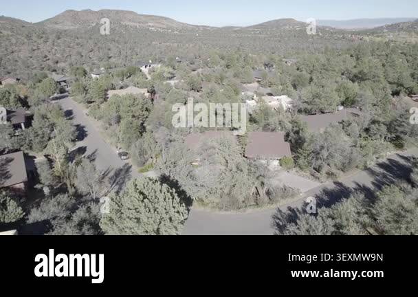 Birds-eye view over a green suburban area with winding streets, a dense ...