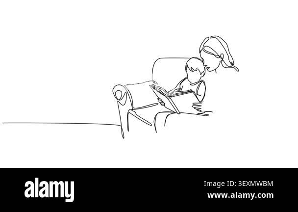 animated continuous line drawing of a mother reading a book to her ...