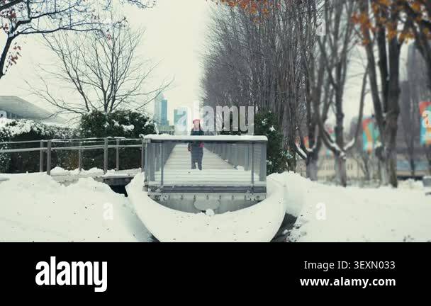 A beautiful girl wearing a gray coat, a red hat, and red gloves walks ...