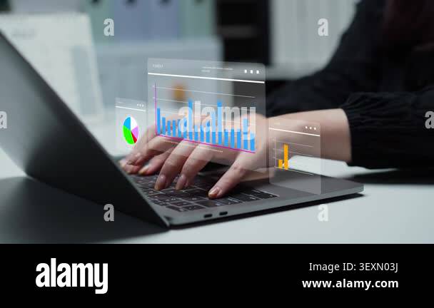 Businesswoman analyzing marketing dashboards, business reports, charts ...