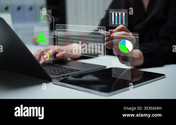 Businesswoman analyzing dashboards, operational reports, charts ...