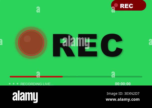 A vibrant green screen displaying a large red 'REC' indicator ...