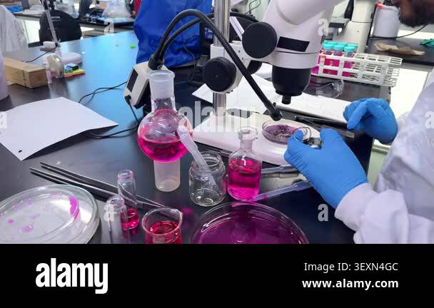 Scientist in a lab coat conducting research with a microscope and ...