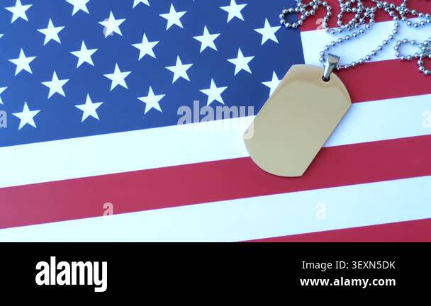 A dog tag on the US flag, serving as a conceptual backdrop representing ...